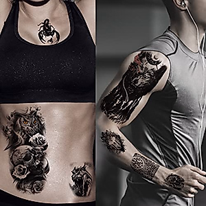 JEEFONNA 72 Sheets Temporary Tattoo for Men Women Adults, Include 12 Sheets Large Black 3D Realistic Tattoos Half Sleeve Temporary Tattoos, Include Black Scary Lion Wolf Tiger Skull Fake Tattoos …