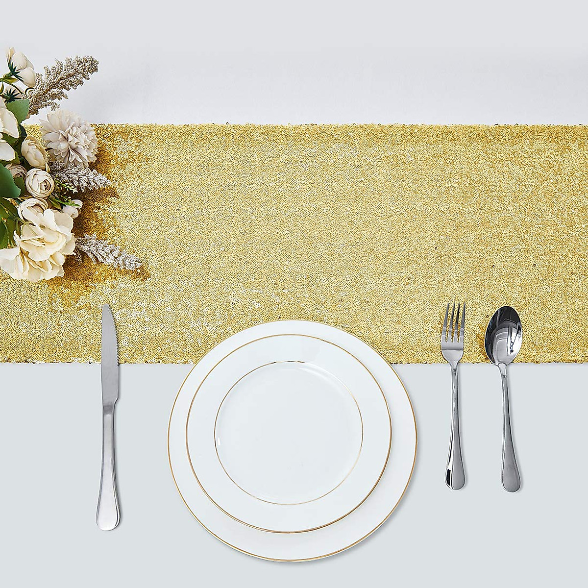 2 Packs 12 x 72 inches Gold Sequin Table Runner, Glitter Runner for Birthday Party Supplies Decorations Wedding Bachelorette Holiday Celebration Bridal Shower Baby Shower