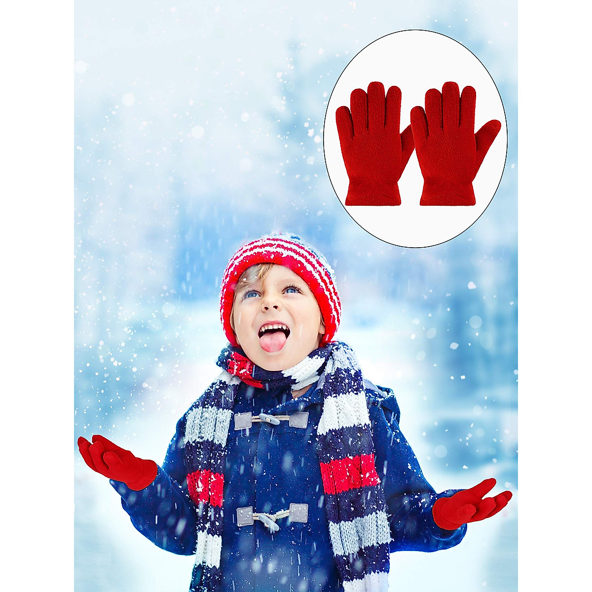 SATINIOR 3 Pairs Kids Fleece Winter Gloves Warm Full Fingers Gloves for Boys Girls Snow Outdoors Activities Supplies(5-8 Years,Red, Navy Blue)