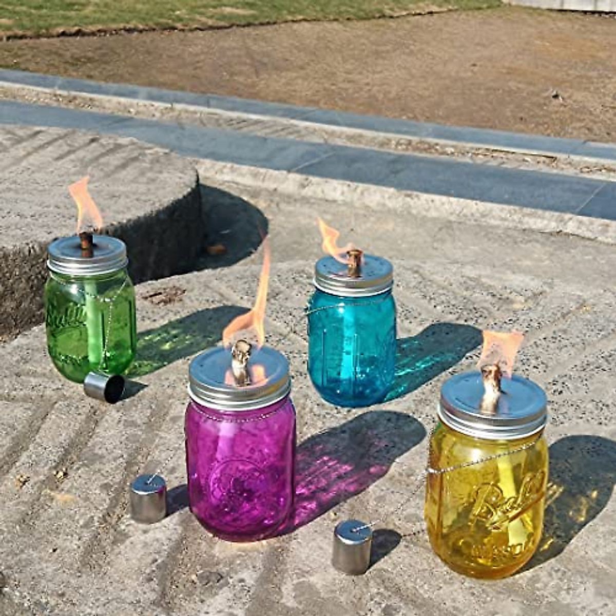 4PCS Mason Bottle Outdoor Tabletop Torch Set with Fiberglass Wicks, Outside Decor Accessories for Yard, Patio, Deck or Garden(Green))