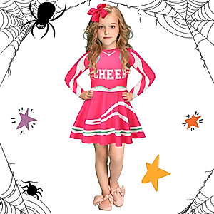 Tisancy 6 Pcs Halloween Cheerleader Costume for Girls Set Toddler Cheerleader Outfit with Pom Poms, Hair Bows and Socks (Classic Style,Large)