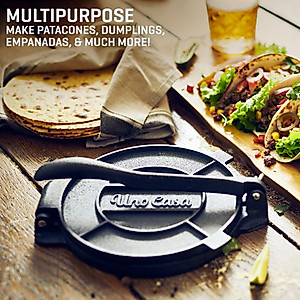 Uno Casa Cast Iron Tortilla Press 10 Inch with Cast Iron Comal Pan - Bundle of Cast Iron Tortilla Skillet for Roti Pan, Tawa Pan, Dosa Pan & Tortilla Press Pataconera
