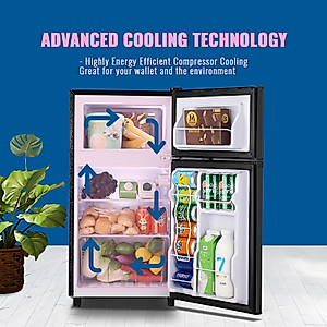 WANAI Double Door Small Refrigerator with Freezer-on-top, 3.5 Cubic Feet Mini Fridge with 7-Level Adjustable Thermostat for Office, Dorm, Bedroom, Home and Apartment, Black