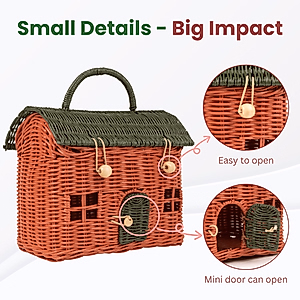 KOLWOVEN Rattan House Storage Basket with Lid - Mouse in a Box House- Small Doll house- Decorative Hand Woven Shelf Organizer Cute Handmade Handcrafted Gift Decoration Artwork Wicker (Moss green)