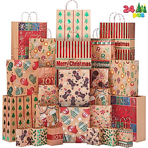 JOYIN 24 Christmas Foil Kraft Gift Bags Assorted Sizes with Twine Handles for Xmas Holiday Present Wrap Décor, Kraft Goody Bags, School Classroom Party Favor Supplies, Goodie Bags Decoration.