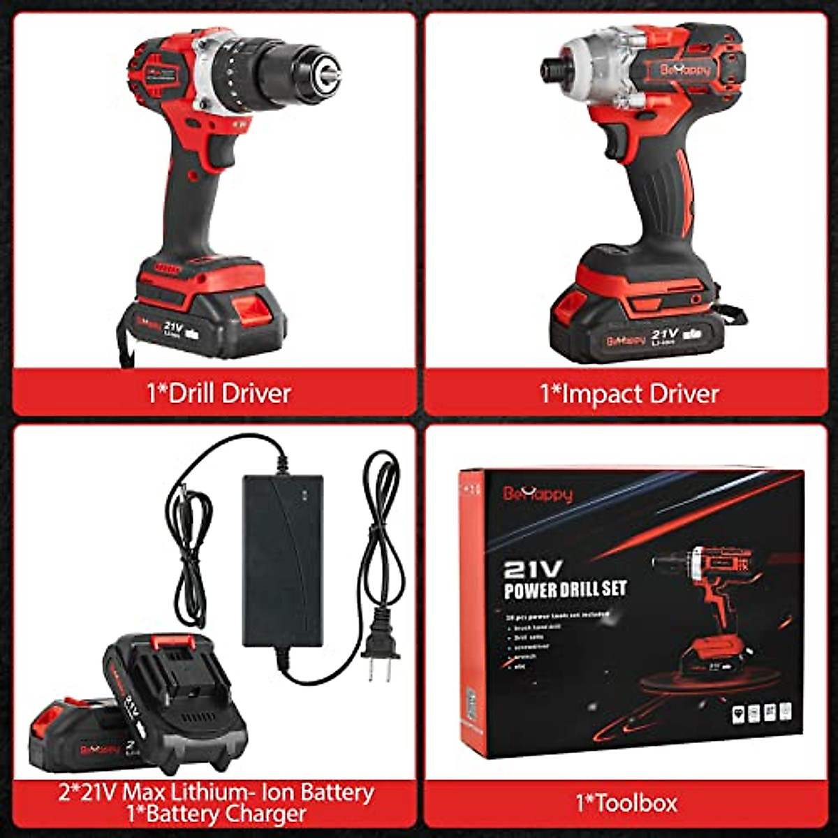 Behappy Cordless Drill Combo Kit, 1000ln-lbs Drill Driver and 2600In-lbs Impact Driver 21V, Brushless Power Tool Kit with 2 Lithium-Ion Batteries, 1Charger