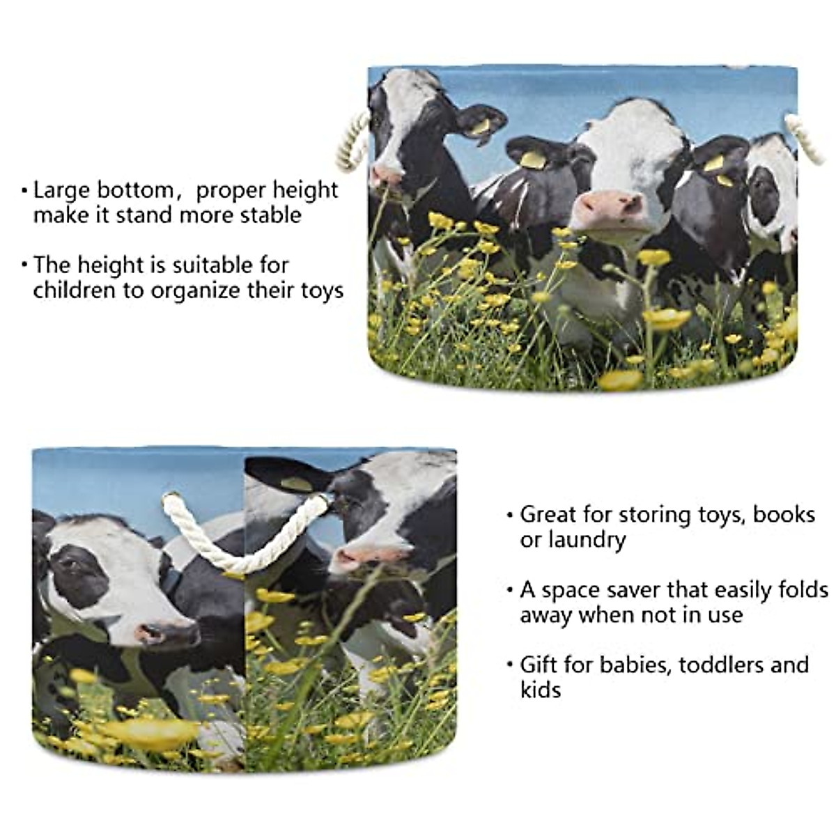 Kigai Black White Cows Round Storage Basket, Toy Basket Bin with Cotton Rope Handle, Laundry Basket Hamper, Clothes Organizer 20 x 14 In