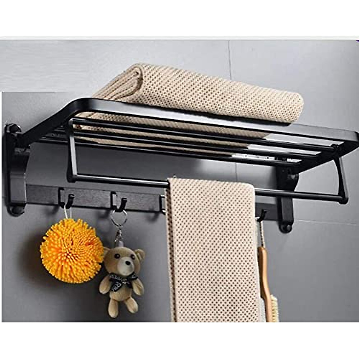 Towel Racks, Towel Rack Towel Holder Bathroom Towel Rail Foldable Double Towel Holder Bathroom Shelf Wall Towel Rack with Hooks Shelf Storage Rack Wall Shelf Organizer Bath Towel Holder/Black/60Cm