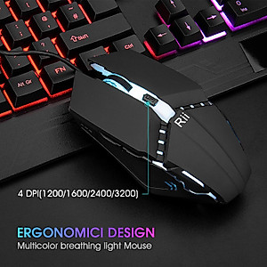 Rii RK400 RGB Gaming Keyboard and Mouse Combo ,Wired Mechanical Feel 3-LED Backlit Keyboard,104 Keys USB Ergonomic Wrist Rest Keyboard,6 Button RGB Mouse for Windows Gamer Desktop, Computer (Black)