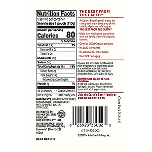 Earth's Best Organic Stage 2 Baby Food, Sweet Potato and Apple, 4 oz. Pouch (Pack of 12)