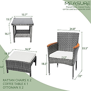 YEEFY Outdoor Patio Furniture Set with Table & Ottoman 5 Piece Patio Conversation Sets Wicker Patio Set for 2 Outdoor Furniture Sets for Yard Backyard Lawn Porch Poolside Balcony, Grey