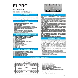 4PRO ATS-63A-4P Automatic Changeover Transfer Switch, 4 Pole, 63A, 120/208V, 50/60Hz, 2-3 Phase