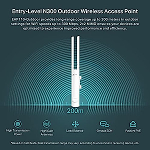 TP-Link EAP110-Outdoor V3 | Omada N300 Wireless Outdoor Access Point | WiFi Coverage up to 200 meters| Passive PoE w/ Free PoE Injector | SDN Integrated | Cloud Access & Omada App | White
