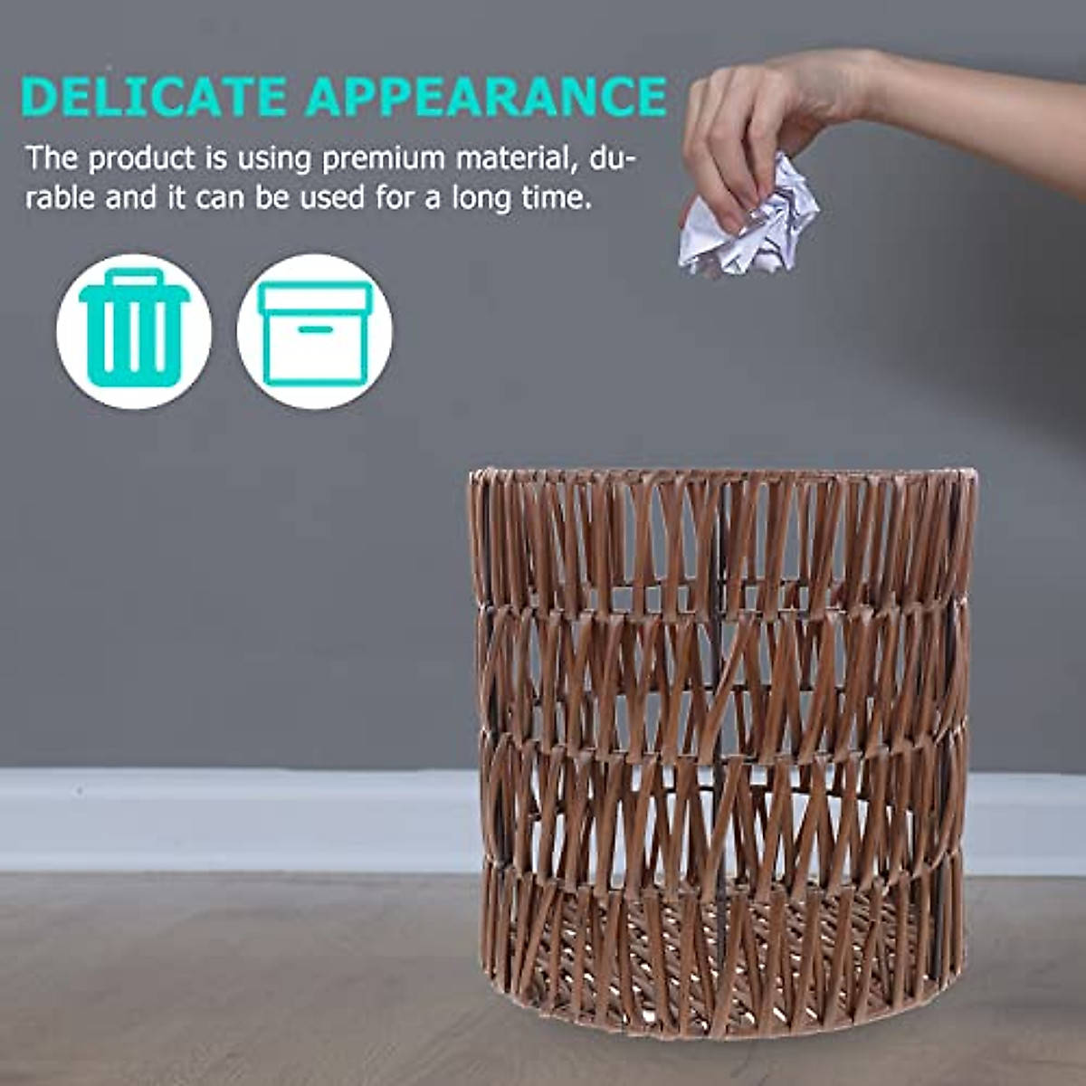 Gatuida Small Woven Basket Trash Can Wastebasket Round Wicker Waste Paper Bin Storage Basket for Bedroom, Bathroom, Office(Brown)