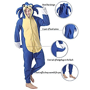 Oiziuzio Adult Animal Onesies Unisex Holloween Costume Hedgedog Pajamas for Women Men Blue L