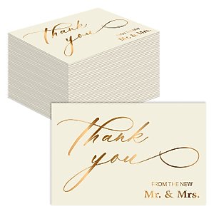 Better Office Products 50 Pack Wedding Thank You Cards in Metallic Gold with Envelopes, Thank You From The New Mr and Mrs, 4 x 6 Inch, Blank Cards, 50 Count Boxed Set