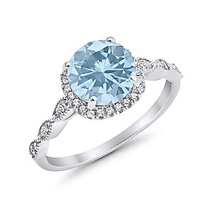 Blue Apple Co. Halo Solitaire Accent Art Deco Engagement Ring Simulated Aquamarine 925 Sterling Silver,Size-7