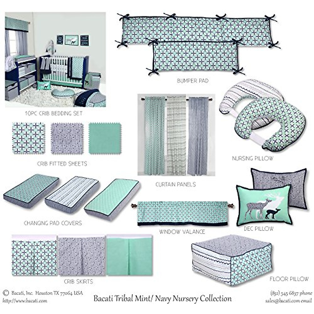 Bacati Tribal Nursery Fabric Storage Caddy with Handles, Mint/Navy