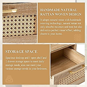 LETESA Rattan Nightstands Set of 2, with Rattan Decor Drawer and Open Shelf, Bed Side Tables with Solid Wood Feet, End Table, Night Stands, for Bedroom, Living Room (2, Natural-Square)