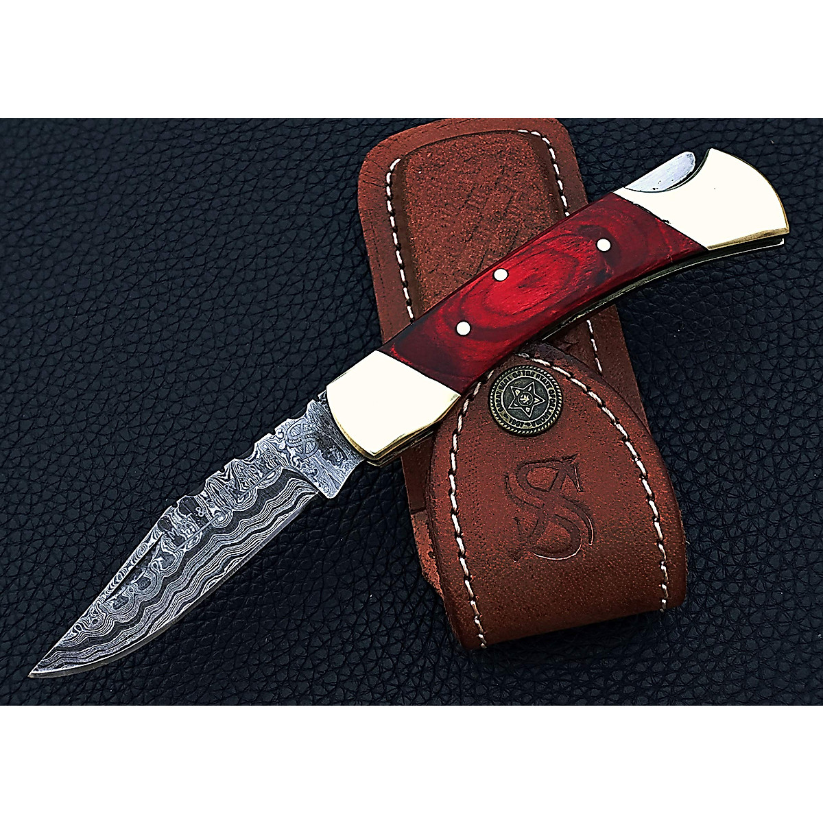 Smart & Sharp Custom Handmade Damascus Steel Folding Knife/Pocket Knife AR-17394 (Red Colored wood) (Red)