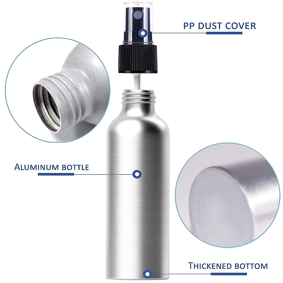 Empty Spray Bottles Travel Size 100ml/3.4oz 5 Pack Small Spray Bottle Aluminum Metal Fine Mist Refillable Atomizer Set with Lids for Liquids Skincare Cosmetic Perfume Storage, with 4pcs Small Funnels