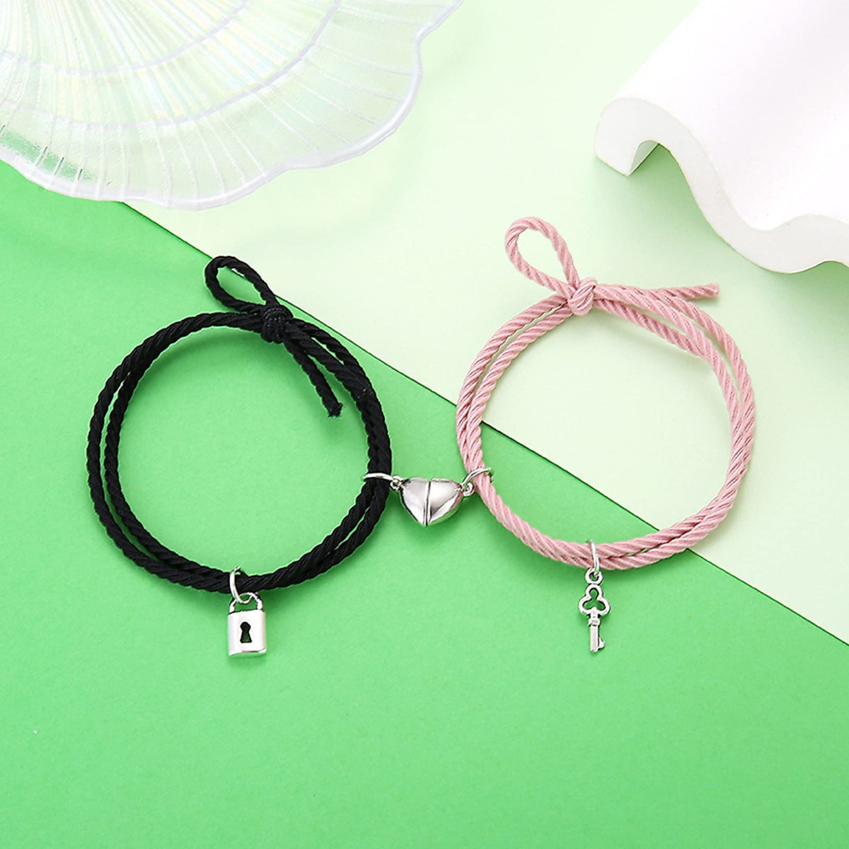 liforlove Heart Bracelet for Women Mutual Attraction Couple Bracelets Distance Relationship Her Rubber Rope Bracelet (black & pink, key lock pendant)