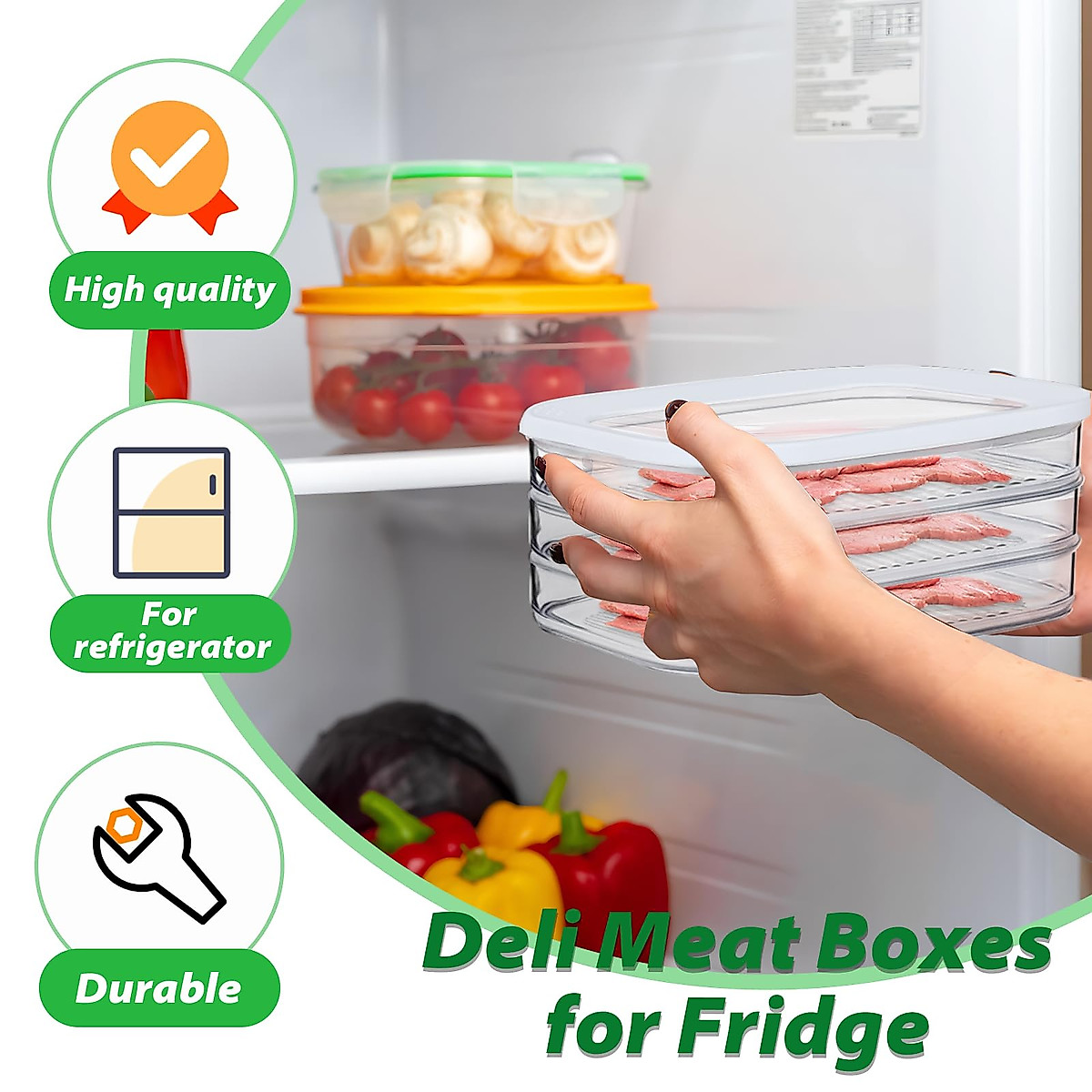 Niurewan Deli Meat Container for Fridge,Bacon Keeper With Lid for Refrigerator,Airtight Lunch Meat Stackable Storage Boxes for Cold Cuts,Salami,Deli,Lunch Meat,18.6oz