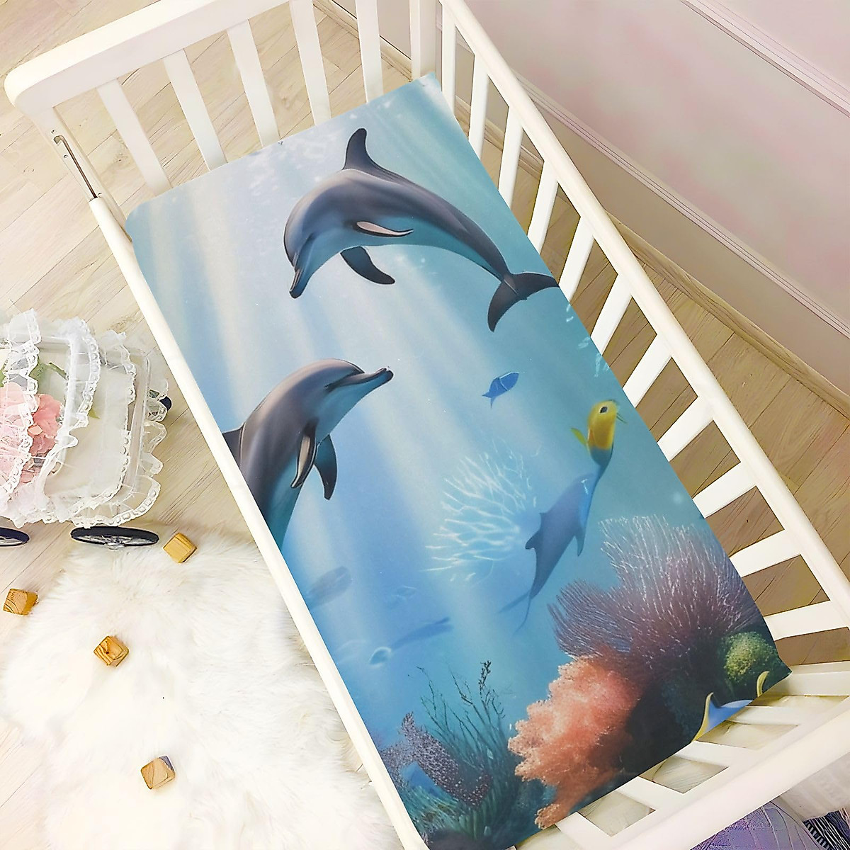 Kigai Underwater World Dolphins Crib Sheets for Boys or Girls,Soft and Breathable Crib Sheets 27x39 Inch