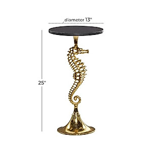 Deco 79 Aluminum Metal Sea Horse Side End Accent Table End Table with Black Marble Table Top, Side Table 13" x 13" x 25", Gold