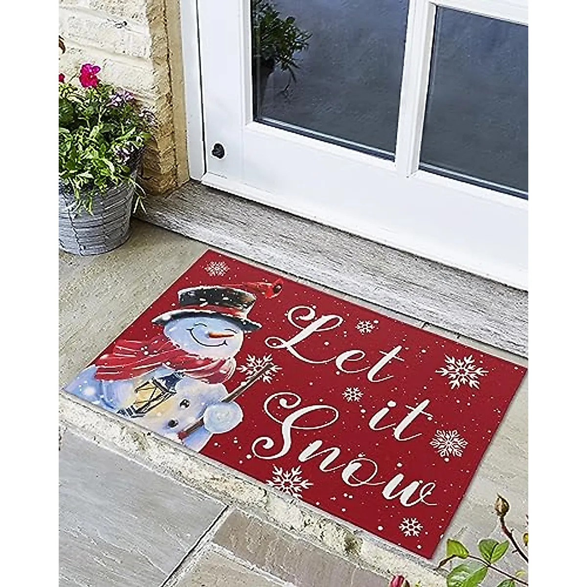 Kitchen Rug,Snowman Christmas Cardinal Non Slip Doormat Absorbent Carpet,Winter Snowflakes Red Back Front Door Mat Washable Floor Mat for Bathroom Bedroom Entryway 16x24in