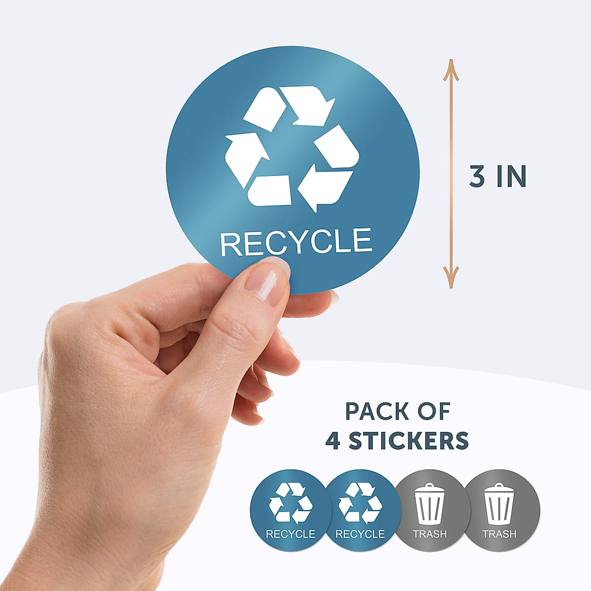 VBAP CORP Recycle Trash Bin Sticker - (Pack of 4) 3" Round Logo Sign Decal Labels Self-Adhesive Vinyl Laminated. Waterproof Indoor and Outdoor (Aquamarine/Grey)