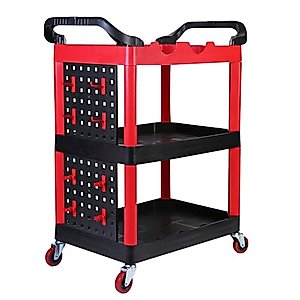 MaxWorks 50886 3 Shelf Rolling Utility Service Cart with Storage Carts and Bottle Holders with Side Hanging Hook 440-lb Capacity