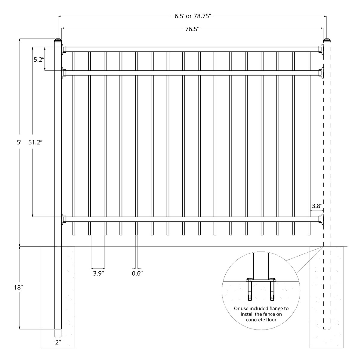 XCEL - Black Steel Anti-Rust Fence Panel - Flat End Picket - 6.5ft W x 5ft H - Easy Installation Kit, Outdoor Residential Fencing for Yard, Garden, Concrete, 3-Rail Metal Fence, include a Fence Post