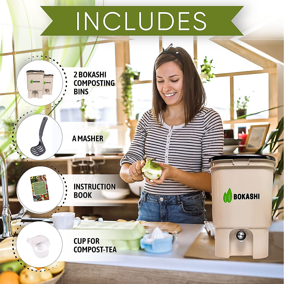 Bokashi Compost Starter Kit - 4.4 lb Organic Bokashi Compost Starter - 2 Airtight Bins, and Detailed Instructions. Attractive Bokashi Compost Bin. Bokashi Compost Bucket - (Black LID)