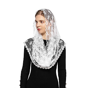 Wgior Embroidered Lace Chapel Veil Infinity Mantilla Veils Catholic Church veil Latin Mass Head Covering Scarf (White)