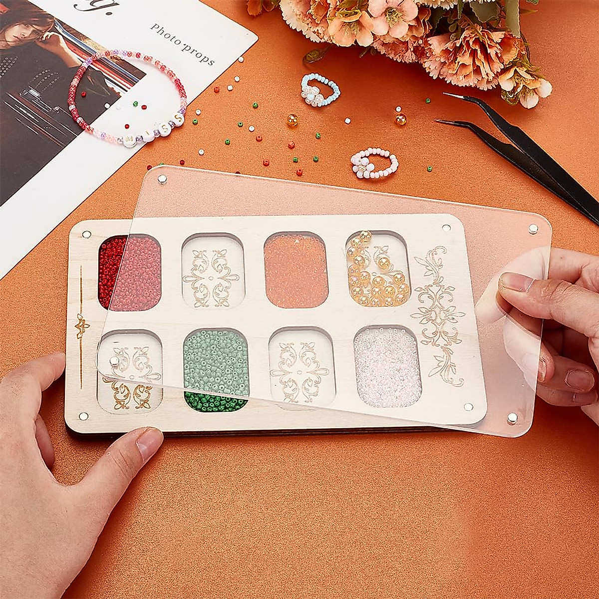 AHANDMAKER Wooden Jewelry Storage Tray with Glass Lid Wood Bead Board with Lid 8 Slot Old Lace Bead Storage Organize with Cover for Beads, Bracelets 4.72 x 7.68 x 0.37 Inch