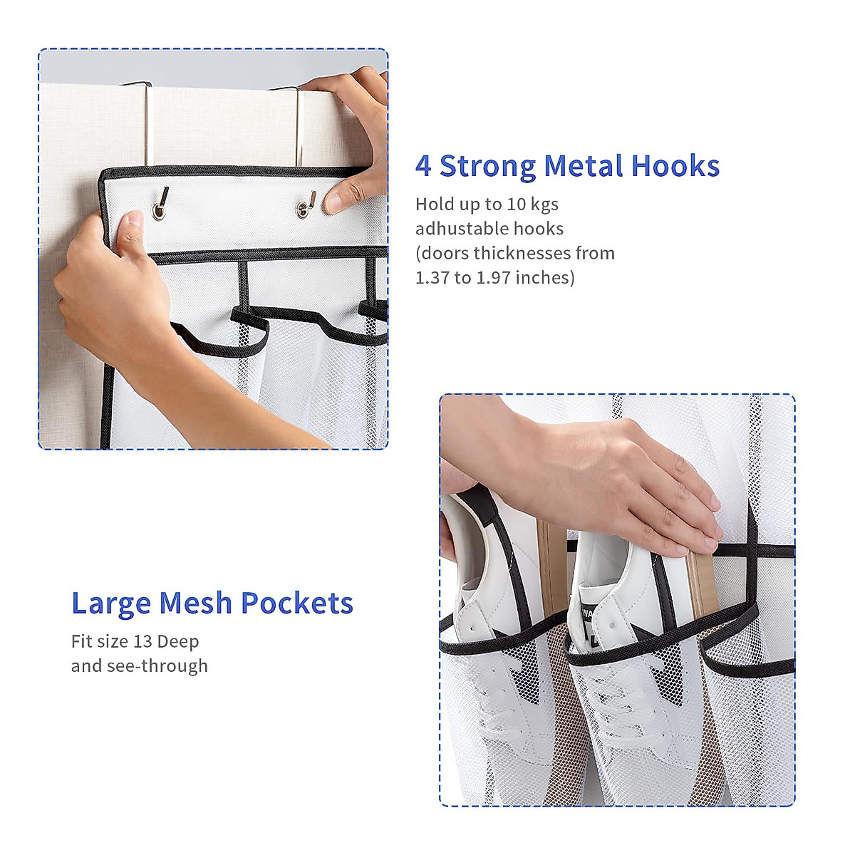 SAVERHO 35 Pockets Over the Door Shoe Organizer, Hanging Shoe Organizer for Door with 35 Mesh Pockets Large Capacity Shoe Hanging Storage Bag with 4 Metal Hooks (White-1Pack)