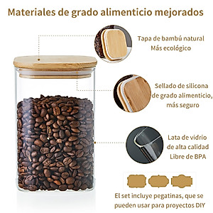 Unbreakable Overnight Oats Containers with Lids, Set of 5 Airtight Glass Jars with Bamboo Lids, Glass Food Storage Canisters for Cookie, Candy, Coffee Bean, Sugar, Spices, Dry Goods, Transparent