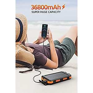 Power-Bank-Portable-Charger-Solar - 36800mAh Waterproof Portable External Backup Battery Charger Built-in Dual QC 3.0 5V3.1A Fast USB and Flashlight for All Phone and Electronic Devices (Orange)