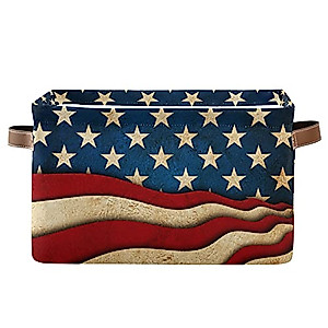 America Usa Flag Storage Basket Large Collapsible Storage Cube Bin Rectangular Laundry Organizer with Leather Handles for Nursery Shelf Bedroom Home, 1Pc