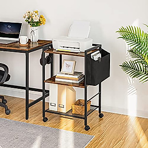 HOOBRO 3 Tier Printer Stand Mobile Printer Table on Wheels, Wooden Printer Shelf with Storage Bag, Under Desk Rolling Printer Cart Organizer with Hooks for Home Office, Kitchen Rustic Brown BF21PS01