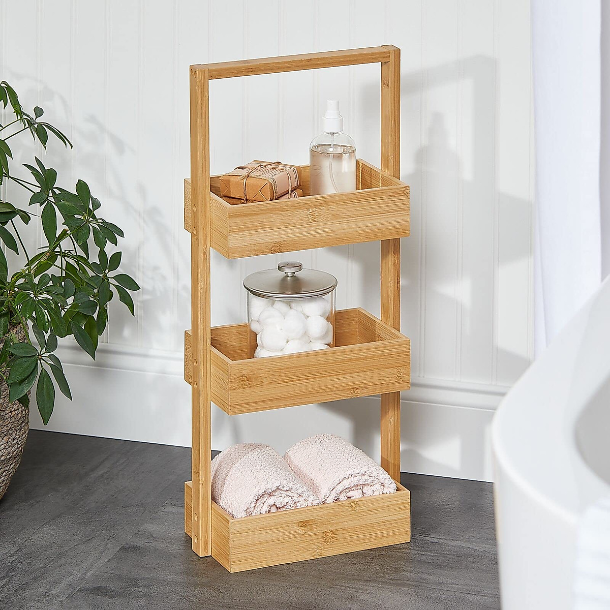 mDesign Free-Standing 3-Tiered Shelf for Bathroom, Wood Bamboo Storage Rack Room Decor Shelves - Decorative Organizer Bins for Bath Towels, Hand Soap, and Toiletries - Natural
