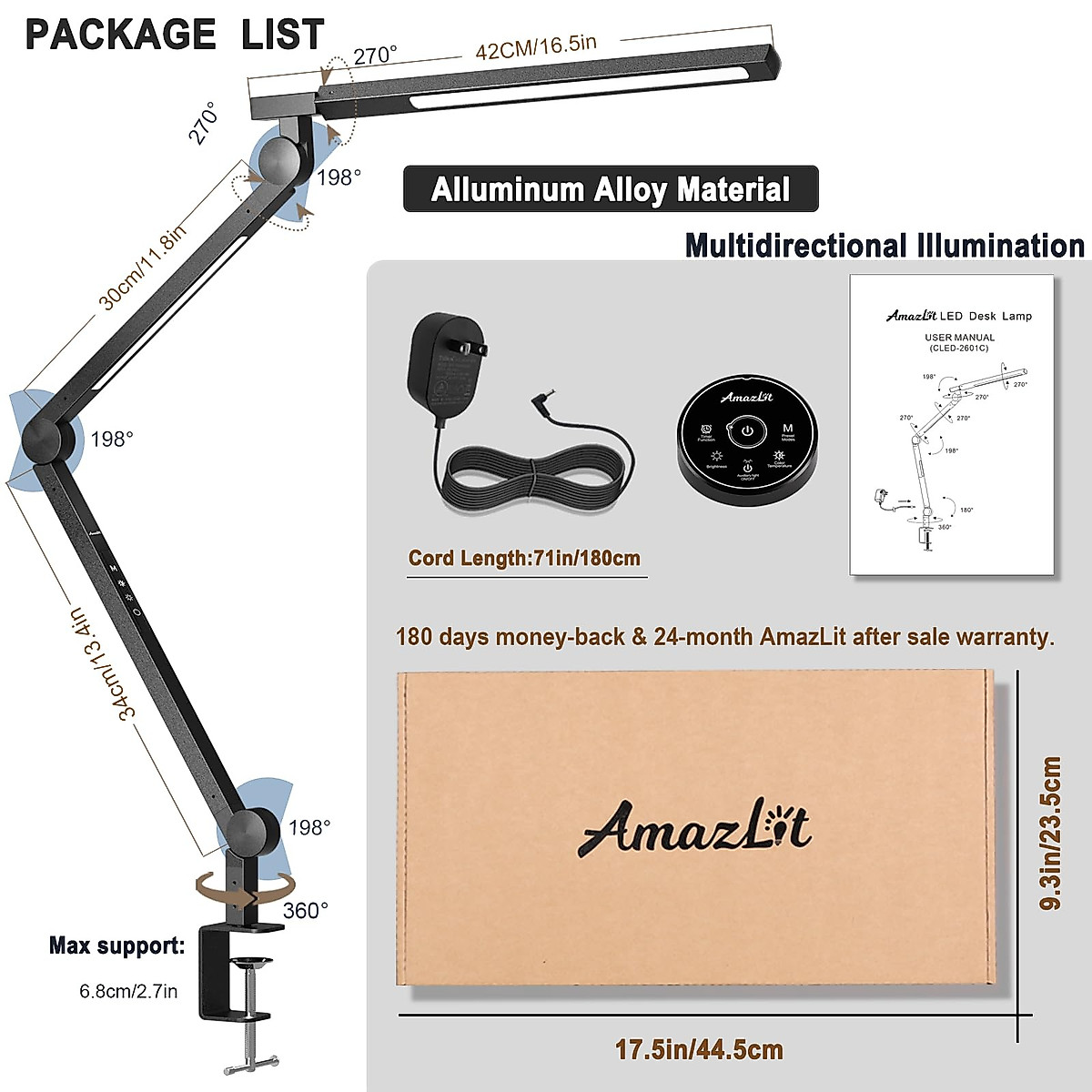 AmazLit Desk Lamp with Clamp, Eye-Care Swing Arm Desk Lamp, Stepless Dimming & Adjustable Color Temperature Modern Architect Lamp with Memory & Timing Function for Study, Work, Home, Office, 10W