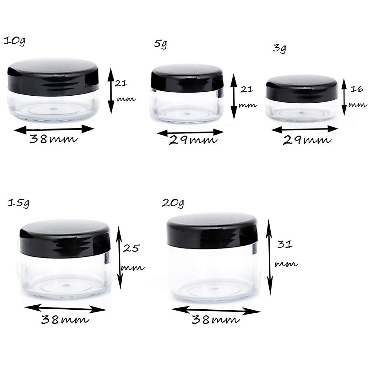 ZEJIA 30pcs Small Travel Containers, Sample Containers with Screw Lids, 5 Size 3/5/10/15/20 Gram Sample Jars, Makeup Small Travel Jars, with Labels and Mini Spatulas