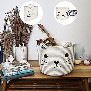 Small Cat Cotton Rope Basket Baby Basket for Nursery | Hombins Woven Basket Cute Kids Basket for Organization Stuffed Animal Storage Hamper for Pen, Tissue, Candy, 8''X7''