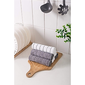 HYER KITCHEN Microfiber Dish Towels, Stripe Designed, Super Soft and Absorbent Dishcloth, Pack of 8, 12 x 12 Inch, Gray and White