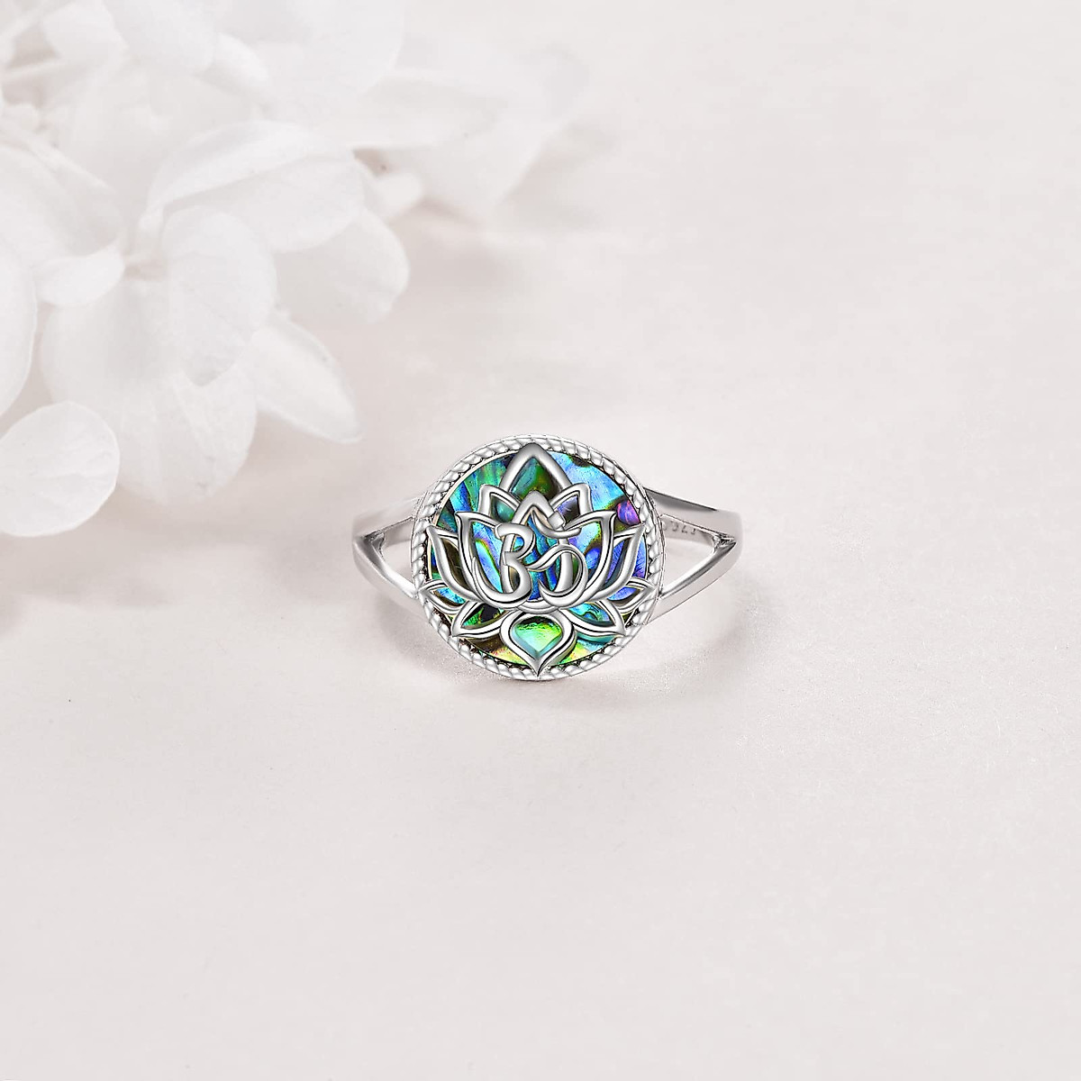 CUPENDA Lotus Flower Ring Sterling Silver Om Yoga Promise Rings Abalone Shell Inspirational Flower Jewelry Gift for Women Wife Size 9