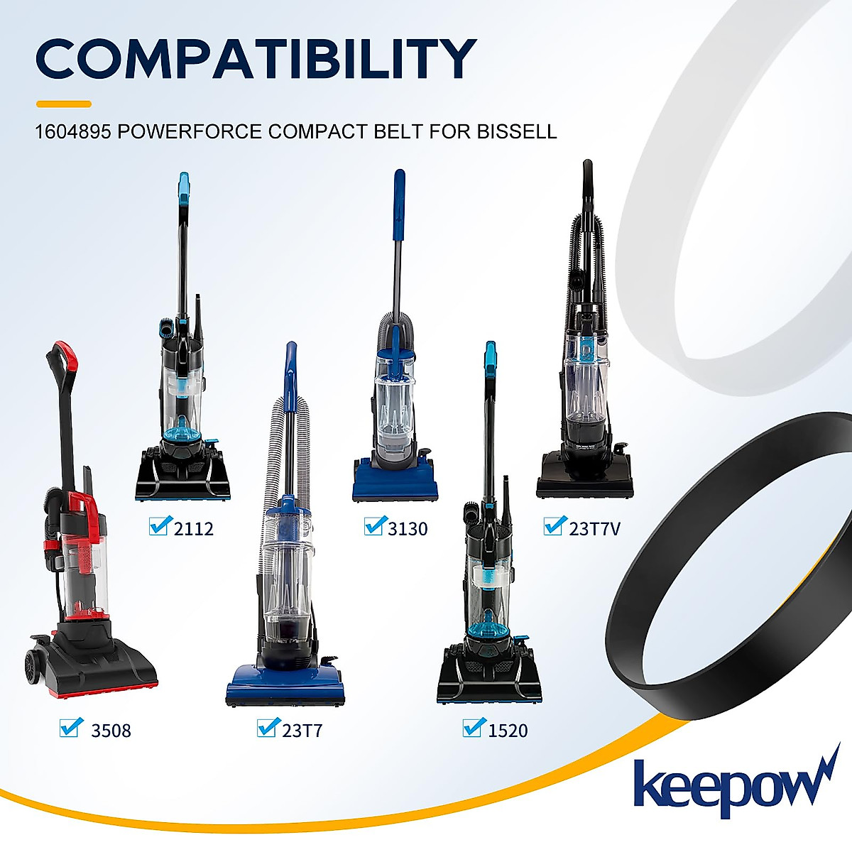 KEEPOW Style P/N 1604895 Belt for Bissell Powerforce Compact, 1604895 Vacuum Belt for Bissell Model 3508, 2112, 1520, 2690, 23T7, 23T7V, 3130, 21129, Replace Part 1604895/2037034 (4 Pack)