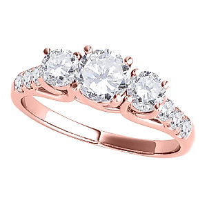 MauliJewels 0.50 Ct. Halo Very Good Round Cut Classic Three-Stone Diamond Engagement Ring, 14K Solid White Rose Yellow Gold