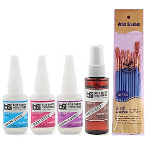 Bob Smith Industries Cyanoacrylate Bundle, Super Thin Insta-Cure, Gap Filling Medium Insta-Cure+, Extra Thick Maxi-Cure, and Accelerator Insta-Set (Pack of 4) - Bundled with Make Your Day Paintbrushes